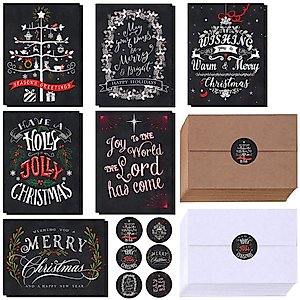 Winlyn 120 Sets Christmas Cards Holiday Cards with Envelopes Stickers Assortment Bulk 6 Designs of Chalkboard Merry Christmas Cards Vintage Blank Holiday Greeting Cards for Xmas Season Festival
