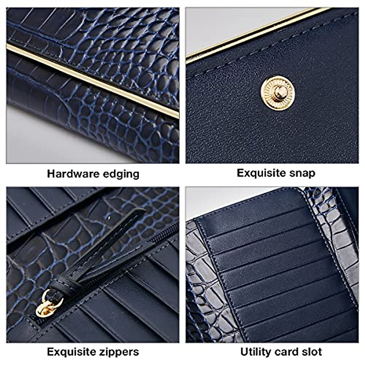 Leather Clutch Wallet for Women, Crocodile Pattern Split Cowhide Gift Box Packing Ladies Clutch Purses with Zipper Coin Pocket Rfid Blocking Womens Trifold Evening Wallet (Blue)
