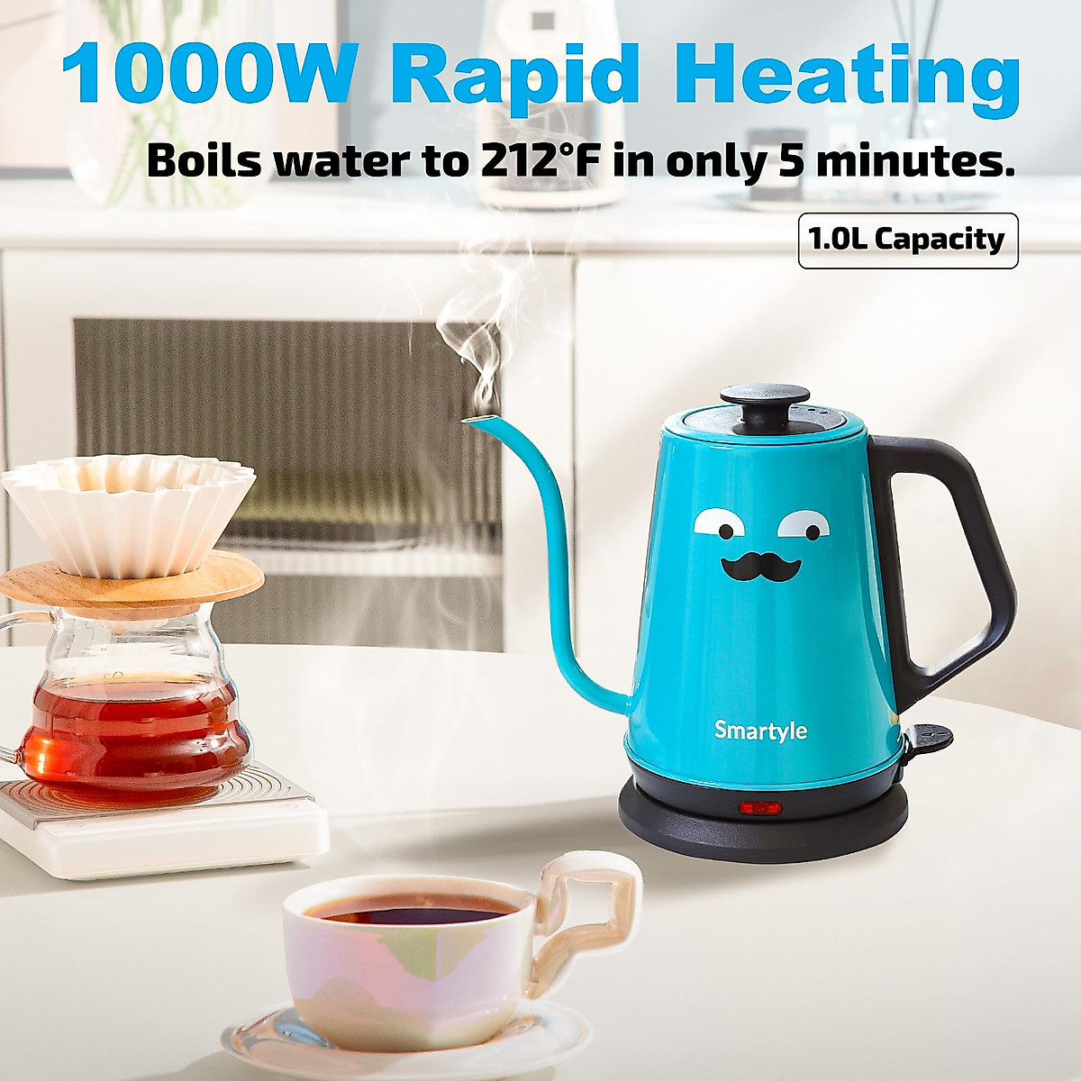 Smartyle Gooseneck Electric Kettle with Mustaches, 1000W Cartoon Electric Tea Kettle of 304 Stainless Steel, Cute Hot Water Kettle with Auto Shut Off, 1.0L Colorful Pour Over Coffee Kettle-Blue