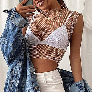 Yokawe Mesh Crystal Body Chain Black Sparkle Rhinestone Fishnet Tank Tops See Through Bikini Crop Top Nightclub Party Rave Festival Body Accessories Jewelry for Women and Girls