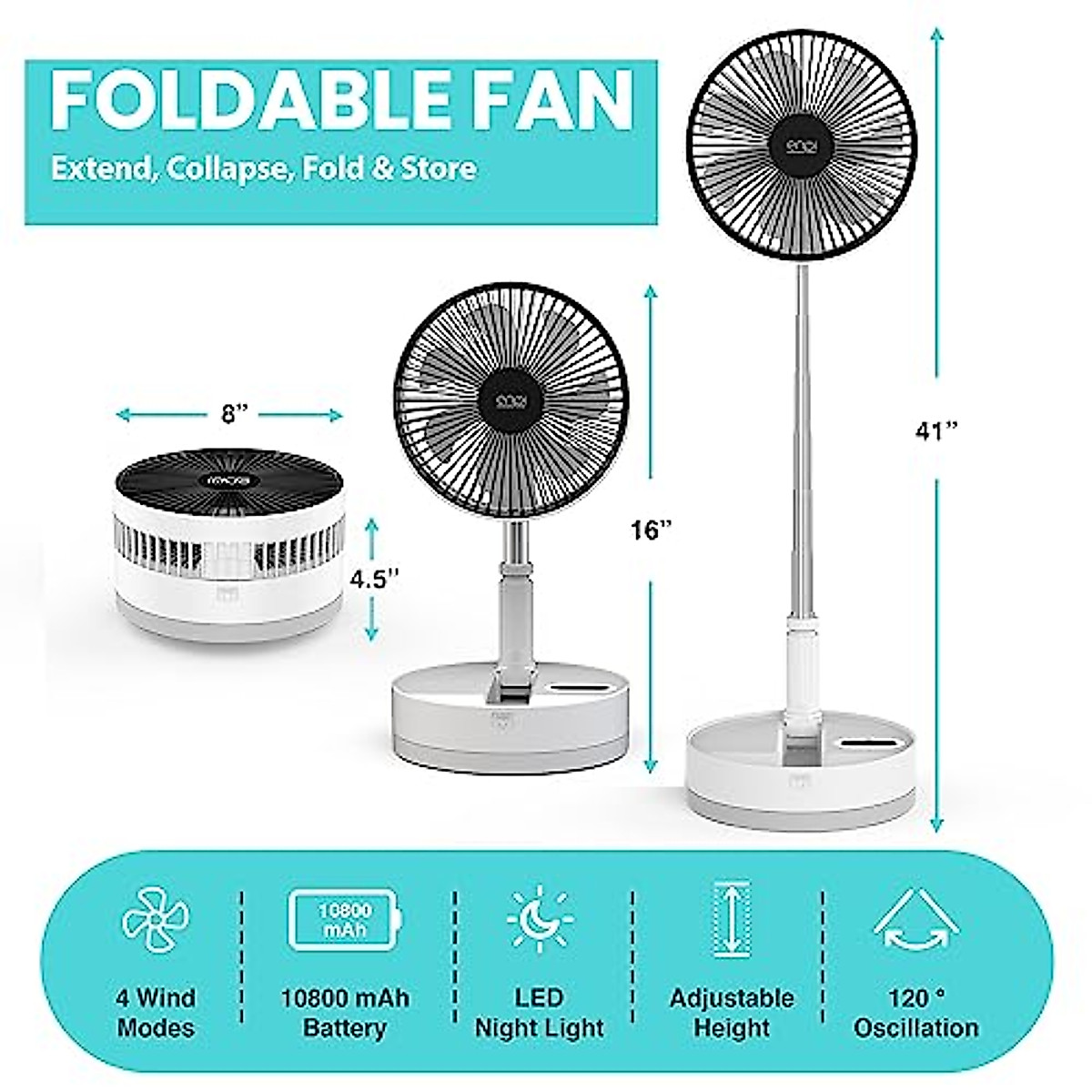 ENPI Foldable Travel Fan with Remote, 10800 mAh Battery Operated - Portable, Quiet & Rechargeable Standing Fan for Bedroom, Office & Outdoor - Oscillating, Table & Floor Fans (8 Inch)