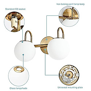 ZHUOER Modern Bathroom Vanity Light Fixtures 2 Lights Brushed Brass Milk White Globe Glass Shade Modern Wall Bar Sconce Lighting Bath Vanity Lights Over Mirror (Exclude G9 Bulb)