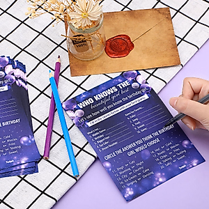RUMIA 50 Pcs Who Knows The Birthday Girl Best Game Cards Purple Birthday Party Activity Game Card for Kids Teens Girls Notebook Themed Party Sleepover Slumber Party Games Girl Birthday Supplies