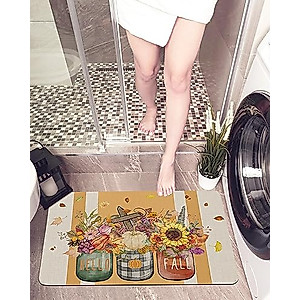 Bath Mat for Bathroom Non Slip Thanksgiving Fall Sunflowers Pumpkin Autumn Plants Diatomaceous Earth Bath Mats Highly Absorbent Door Mat Diatom Mud Washable Bathroom Mat for Tub Shower 18x30 Inch