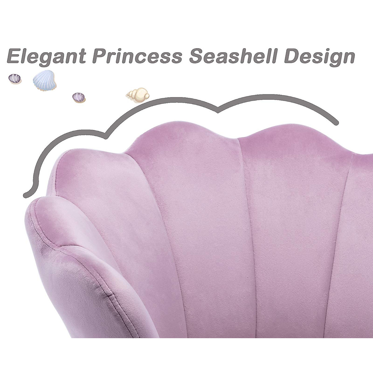DM Kids Desk Chair Ergonomic Reading Study Computer Chair for Students Cute Modern Upholstered Velvet Swivel Rolling Arm Chair for Girls Bedroom, Seashell Back Adjustable Vanity Chair (Purple)