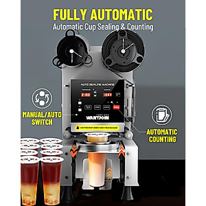WantJoin Cup Sealing Machine - Full Automatic Cup Sealer Machine 90/95mm, 35.4/37.4in, 500-650 Cups/H Commercial Digital Control LCD Panel Electric Cup Sealer for Bubble, Milk Tea, Coffee, Grey