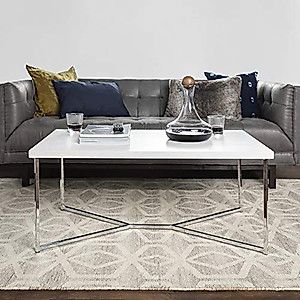 Walker Edison Mid Century Modern Marble Gold Rectangle Coffee Table Living Room Accent Ottoman Storage Shelf, 42 Inch, Marble and Silver