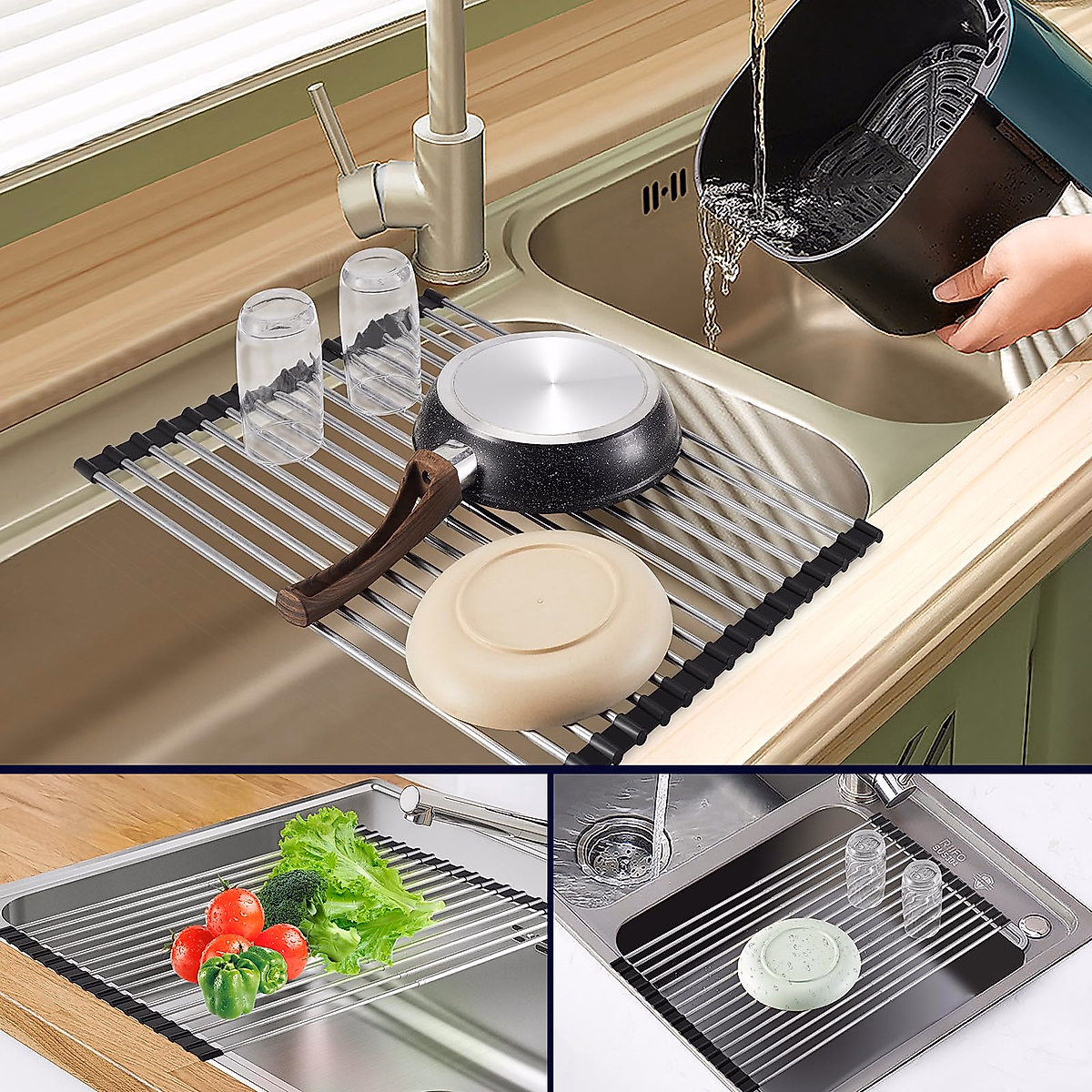 CLNGAI Roll Up Dish Drying Rack, Expandable Over The Sink Dish Drainer,Stainless Steel Kitchen Rolling Sink Rack Space Saving Sink Mat, Length Up to 22.3" (Black, Expandable)