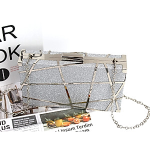 Reberomantic Women Lattice Pattern Metal Handbag Chain Geometric Evening Clutch Purse (Z-Line Silver)