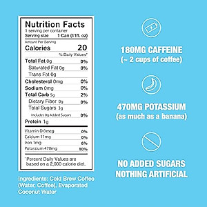 Loco Coffee Black Cold Brew Coffee [With Coconut Water] 11 Ounce Can, 12 Count | Medium Roast, 180mg Caffeine | Gluten Free and Dairy Free | Low Sugar, Low Calorie Iced Coffee