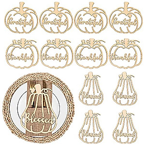 Fall Plate Decor 12 Pieces Pumpkin Wood Cutouts Thanksgiving Table Setting Wooden Word Cards with 12 PCS Burlap Cutlery Pouch Bags for Holiday Harvest Utensil Home Party Decor