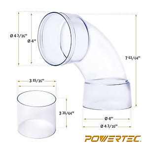 POWERTEC 70309-P2 4 Inch ID 90 Degree Elbow for 4 Inch OD Dust Collection Pipes, Adapters and Fittings with Splice for 4 Inch ID Dust Collection Hose Connector (Clear), 2 Sets