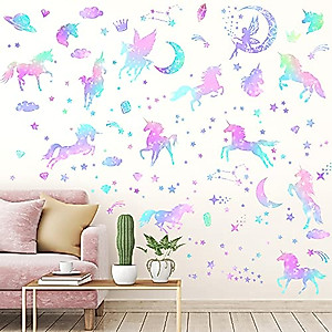4 Sheets of Unicorn Peel and Stick Wall Decal Glitter Unicorn and Fairy Wall Stickers Cartoon Wall Decals Removable DIY for Bedroom Playroom Living Room Decor, Unicorn and Fairy