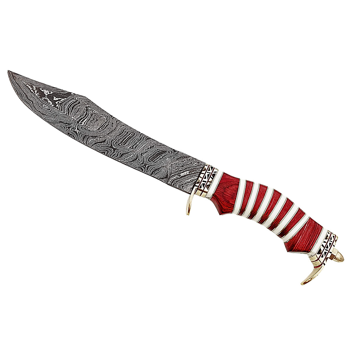 Damascus Steel Hunting Knife - Fixed Blade Knives with Sheath - Handle Combination of Walnut Wood and Camel Bone with Brass Spacer (RW)