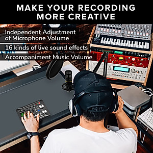 Prisciliano Podcast equipment bundle. Audio Interface with condenser microphone & accesories: Sound Card Mixer. Podcast Studio equipment for Live Streaming, PC, Karaoke Recording and Gaming. DJ Mixer.