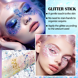 DAGEDA White Body Glitter Stick, Mermaid Face Glitter Makeup Holographic Sequins, Hair Glitters Eyeshadow Body Shimmer for Rave Accessories,Glitter Face Paint for Women Rave Festival