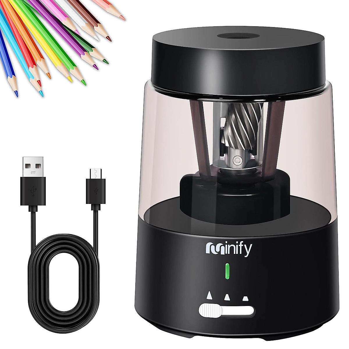 Minify Pencil Sharpener Electric Pencil Sharpener Heavy Duty Blade Rechargeable Battery Powered Pencil Sharpeners for 6-8mm Colored Pencils Auto Stop Fast Sharpen in 3s (Black)