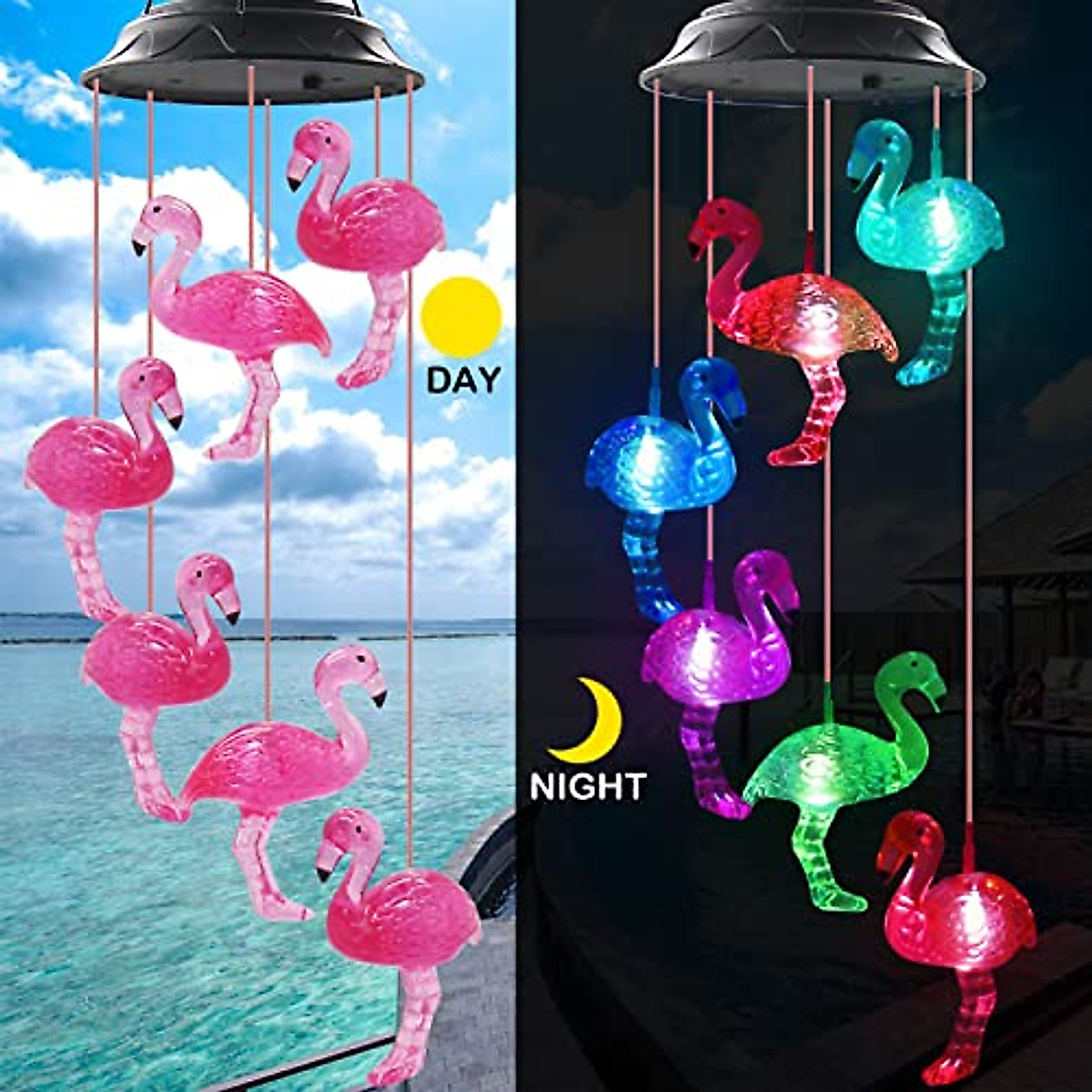 WANQDG Flamingo Solar Wind Chimes for Outside, Waterproof LED Solar Powered Memorial with Lights, Housewarming Gifts for Garden Outdoor Patio Yard Lawn Decor