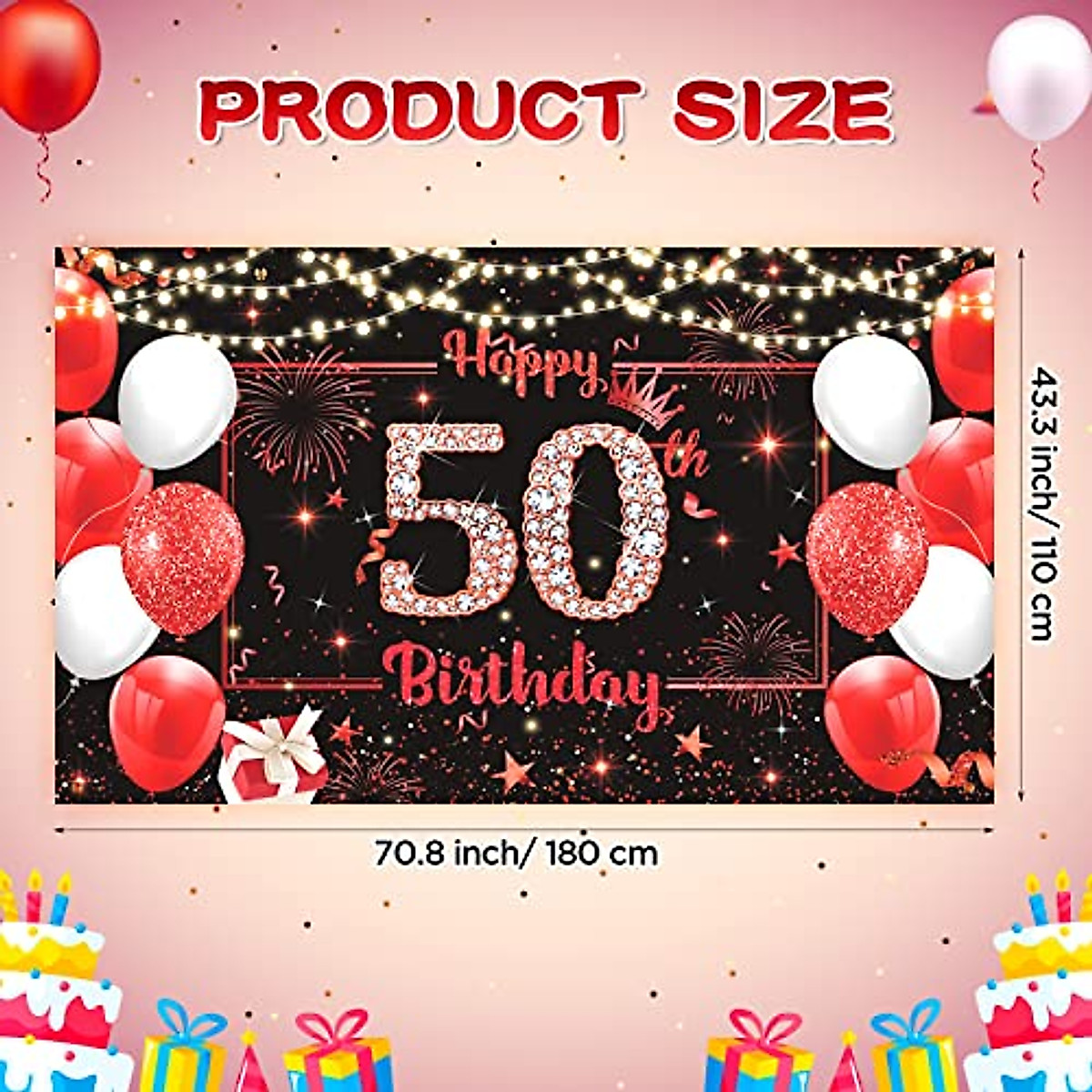 Red Happy 50th Birthday Banner Decorations for Men Women, Large Red Black Glitter 50th Birthday Backdrop Cheers to 50 Years Old Birthday Banner Photo Background Anniversary Party Supplies (50th)