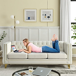 Antetek Comfy Upholstered Couches for Living Room, 80-inch Modern Button Tufted 3-Seater Sofa w/Square Arm, 4 Golden Metal Legs and Gold Nail Heads for Living Room, Office, Apartment, Beige