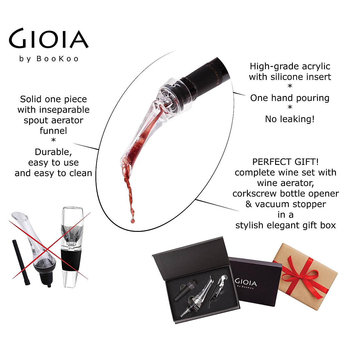 GIOIA Wine Aerator Pourer Set: Premium Wine Decanter Spout with Vacuum Stopper Pump and Corkscrew, Home Essentials in Stylish Gift Box