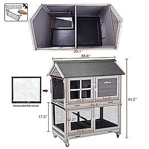 Rabbit Hutch Indoor Rabbit Cage for Small Animals Outdoor Bunny Cage with Movable Wire Netting, Guinea Pig Habitat On Wheels,Pull Out Leak Proof Tray (Grey+Camel)
