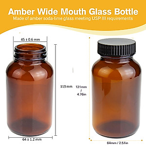 ALWSCI 250 ml 8 oz Amber Glass Wide Mouth Packer Bottle 45-400 Black Ribbed Cap, Diameter 64 mm x 119 mm, Pack of 24