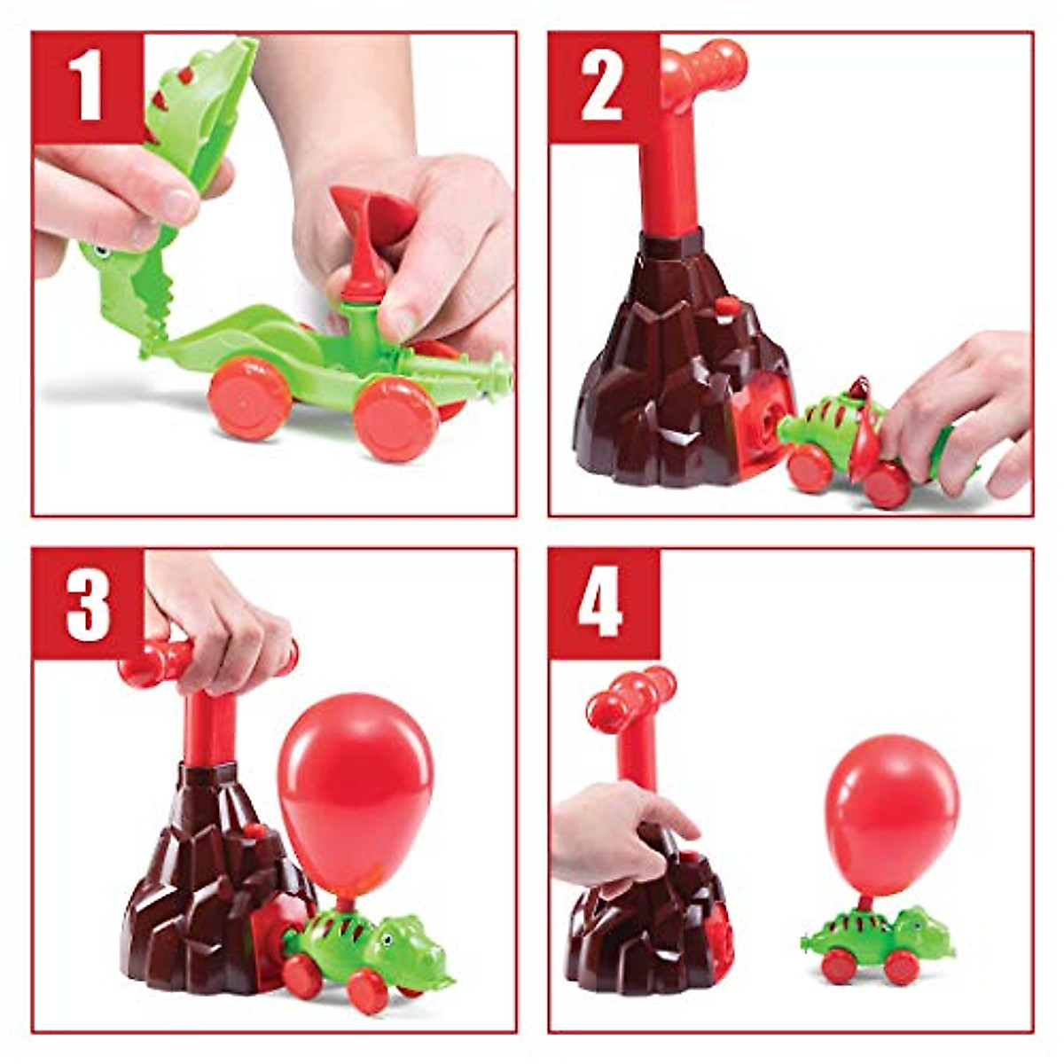 Prextex Air-Powered Dinosaur Car w/ Volcano Inflator/Pump & Balloon | Kids Science/STEM Toy Kit | Boy, Girl, Kid Gift Set Toys