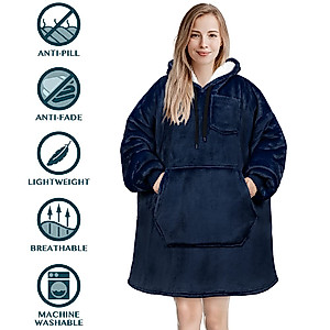 PAVILIA Blanket Hoodie for Women Navy, Sherpa Wearable Blanket Men, Cozy Oversized Sweatshirt Blanket, Warm Fleece Hooded Blanket Sweater with Sleeves and Giant Pocket, Navy Blue