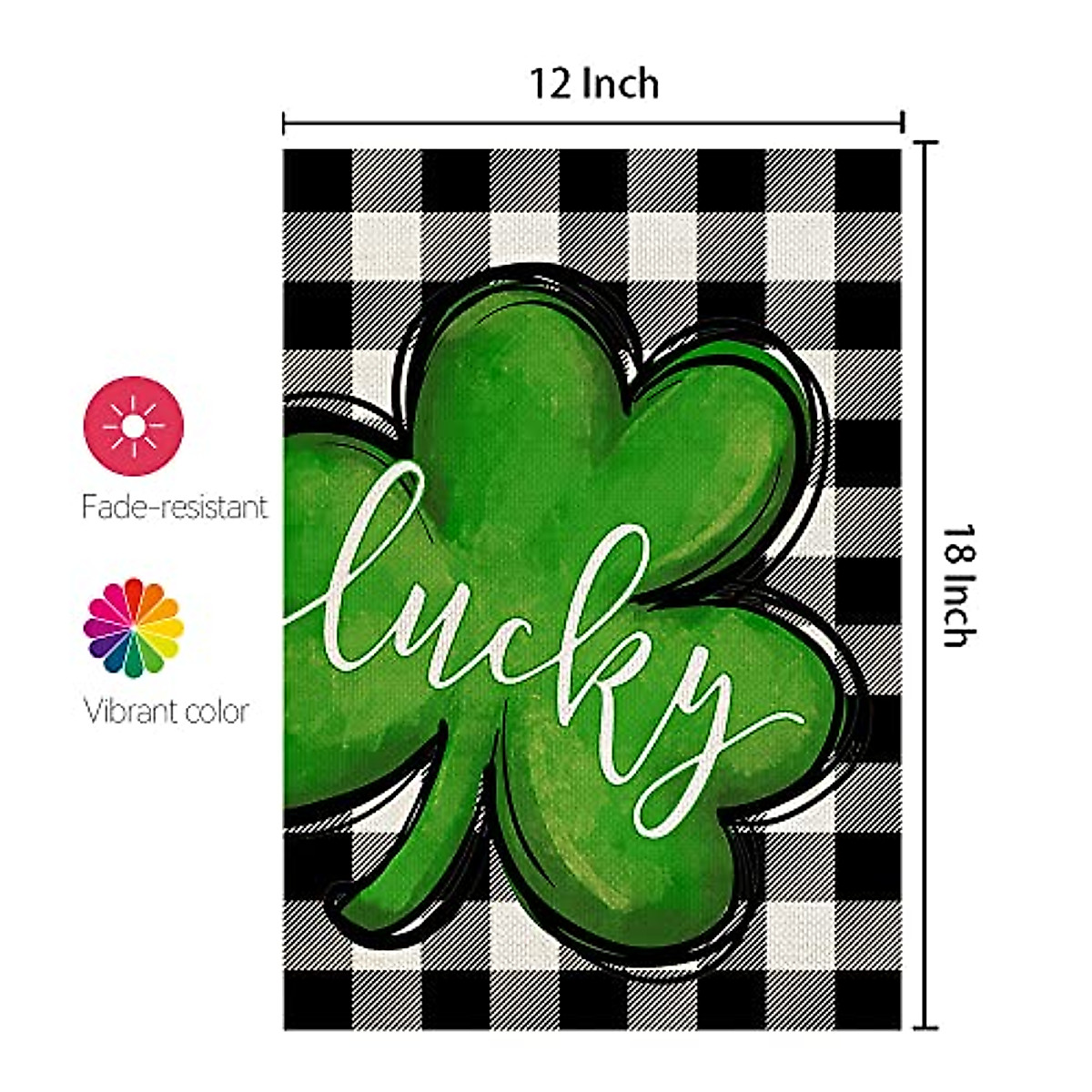 CROWNED BEAUTY St Patricks Day Garden Flag 12x18 Inch Double Sided for Outside Small Burlap Green Shamrock Lucky Black White Buffalo Plaid Yard Holiday Flag CF737-12