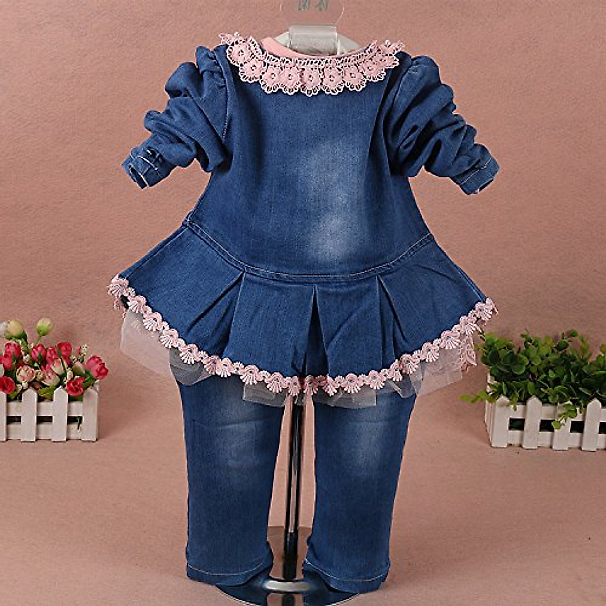 Yao 6M-4Y Infant 3Pcs Baby Girls Clothes Set Toddler Outfits Lace Dress Jacket and Jeans (3-4Y,Flower-Pink)