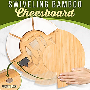 NutriChef Bamboo Natural Cheese Board Set with Bonus Condiment Cup-Extra Large Size 100% Home Organic Wooden Plate and Charcuterie Tray with 4 pcs Cutting Knife Slicer, 13" Round