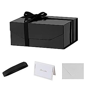 PACKGILO 1PCS Black Gift Box with Ribbon 9.5x7x4 Inches，Sturdy Gift Box with Lid for Gift Packaging, Foldable Magnetic Closure Storage Boxes, Bridesmaid proposal box, Rectangle Collapsible Box