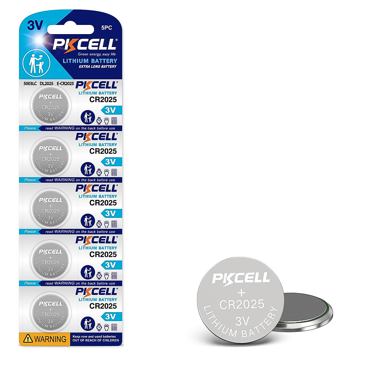 PKCELL 5Pcs CR2025 Battery CR 2025 3V Lithium Coin Battery for Car Key Fob, Remote Control