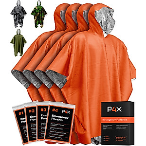 PREPARED4X Emergency Rain Poncho with Mylar Survival Blanket Liner for Car - Heavy Duty, Waterproof Camping Gear, Tactical Prepper Supplies– 4 Pack (Orange)