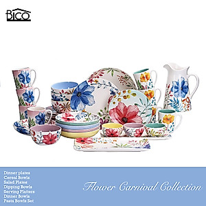 Bico Flower Carnival Ceramic 35oz Dinner Bowls, Set of 4, for Pasta, Salad, Cereal, Soup & Microwave & Dishwasher Safe