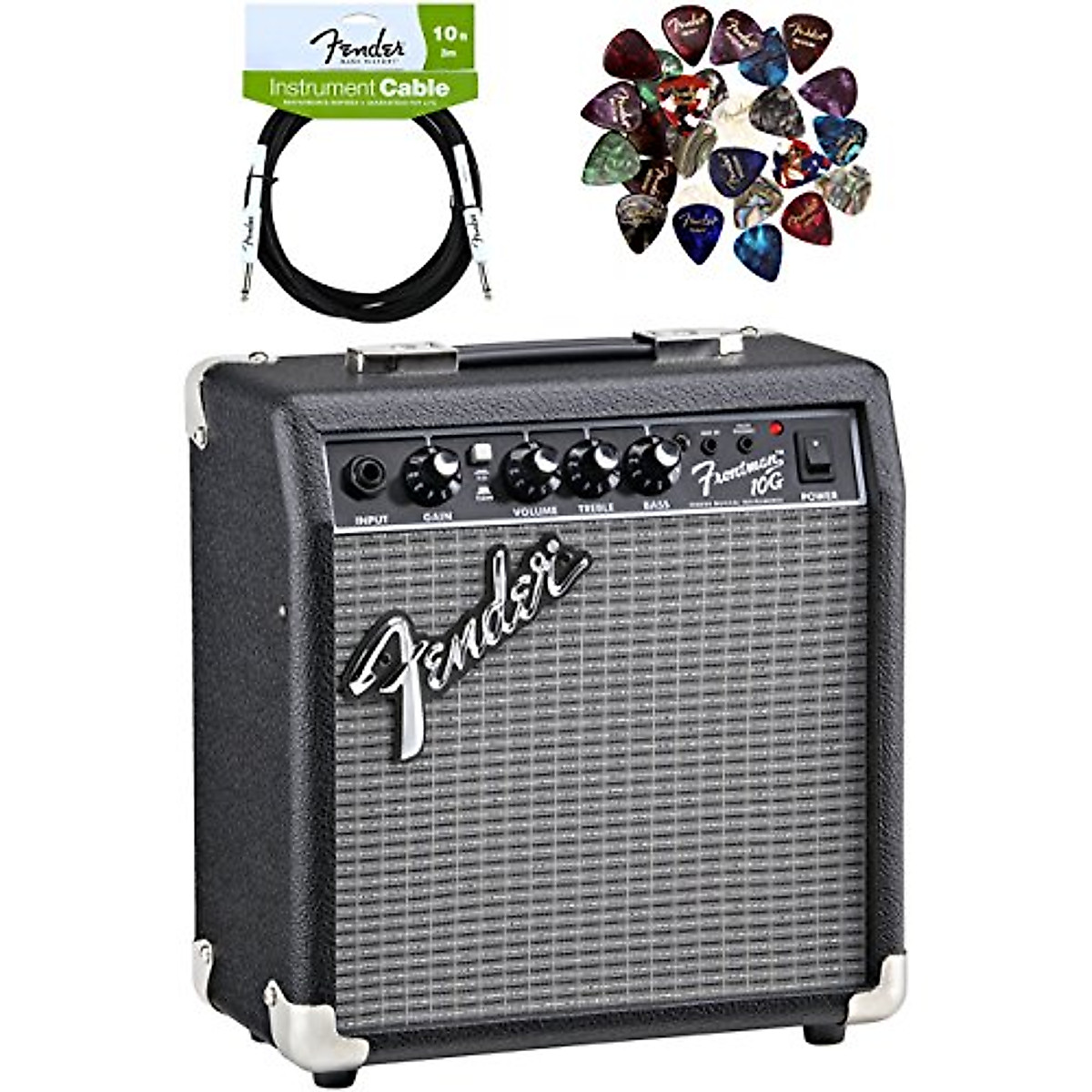 Fender Frontman 10G Guitar Combo Amplifier - Black Bundle with Instrument Cable and Picks