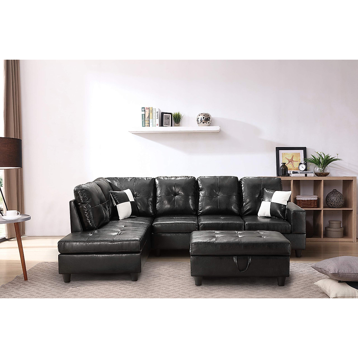 OPTOUGH Black Faux Leather Sectional Left Chaise Storage Ottoman & 2 Pillows for Living Room Sofa Sets
