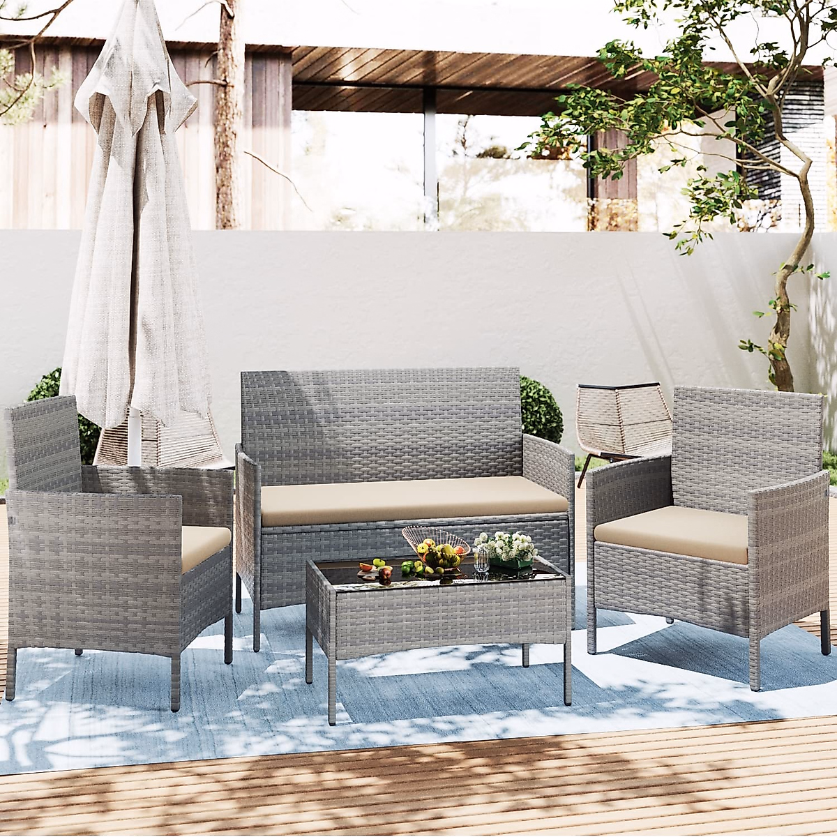 Greesum Patio Furniture 4 Pieces Conversation Sets Outdoor Wickerr Rattan Chairs Garden Backyard Balcony Porch Poolside loveseat & 3 Pieces Patio Furniture PE Rattan Wicker Chair Conversation Set