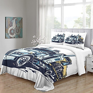 Semi Truck Duvet Cover Quilt Cover Comforter Covers for Boys Girls 3D Printed Heavy Equipmet Hauling Soft Microfiber Bedding Set with Zipper Closure with Pillow Cases 3 Pieces Twin（173x218cm）