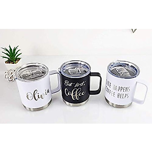Personalized Insulated Coffee Mug with Lid - 12 oz -Customize with Name or Text - Custom Travel Cup