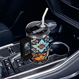 40 Oz Traditional Mexican Pattern Insulated Stainless Steel Tumbler with Handle & Straw Lid, Reusable Travel Cupholder Friendly Mug for Coffee, Water, Tea