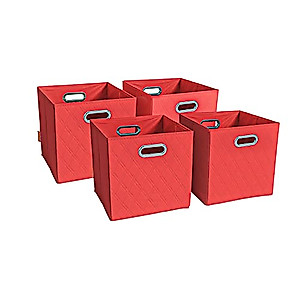 JIAessentials Large 13-inch Red Foldable Diamond Patterned Faux Leather Storage Cube Bins Set of Four with Handles with Dual Handles for living room, bedroom and office storage Red Large Size Large Size Collapsible Diamond Patterned Storage Cubes with Han