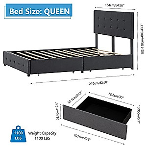 Squireewo Bed Frame with LED Lights & 4 Storage Drawers, Upholstered Platform Bed with Adjustable Headboard, No Box Spring Needed, Easy Assembly, Noise-Free (Dark Grey, Queen Bed)