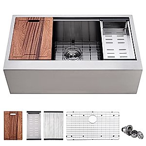 33 Inch Farmhouse Sink Workstation Stainless Steel -VOKIM 33X22 inch Farmhouse Sink 16 Gauge Stainless Steel Ledge Workstation Flat Apron-front Single Bowl Farm Kitchen Sink