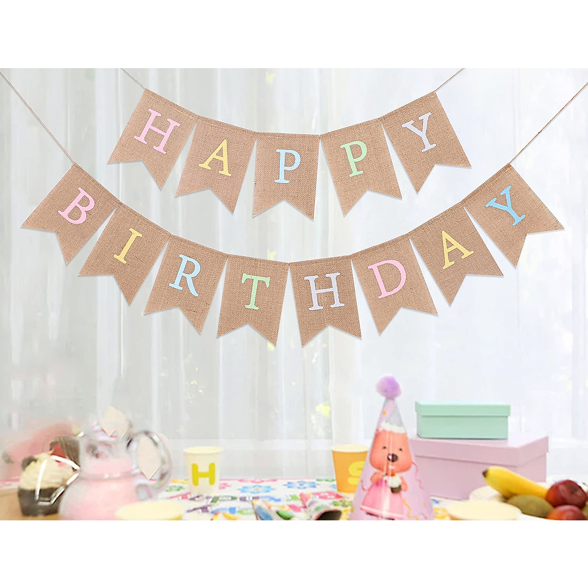 Rainbow Happy Birthday Burlap Banner - Happy Birthday Pastel Colors, Personalized Birthday Banner, 1st Birthday Rainbow Decorations,Photo Prop,Best Birthday Party Supplies (Rainbow Burlap Banner)