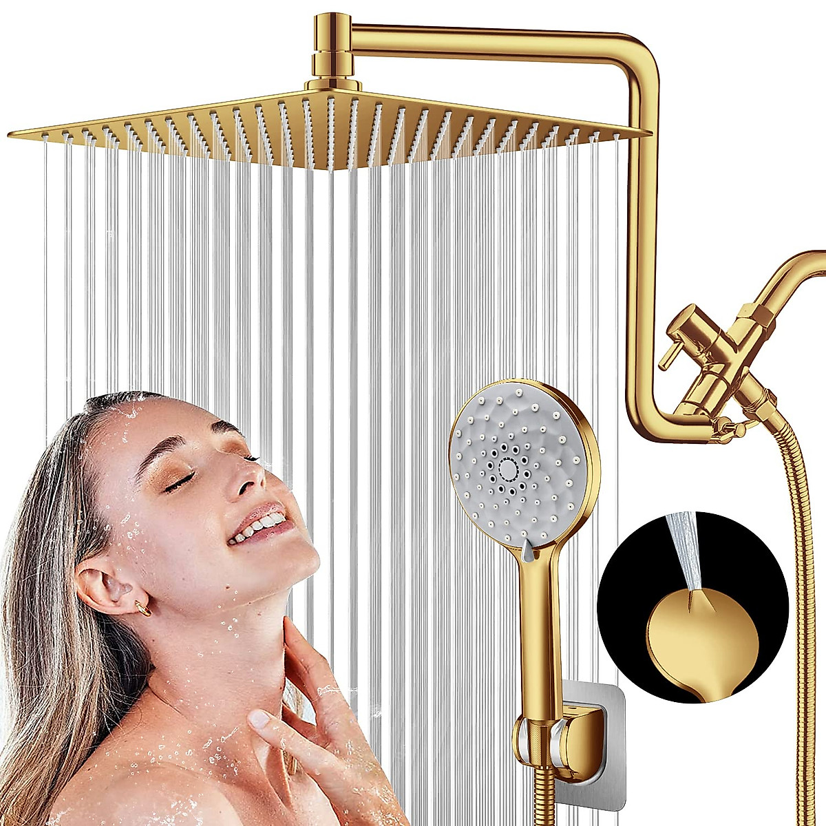 PinWin 12'' Dual Shower Head with Adjustable Extension Arm and 6-Setting Handheld Shower Head Combo, Brushed Gold