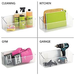 mDesign Wall Mount Plastic Home Storage Organizer Tray Basket with Self-Adhesive Tape - Hanging Bin Shelf for Walls/Doors in Entryway, Mudroom, Bedroom, Bathroom, Office, Laundry, 16" Wide, Clear