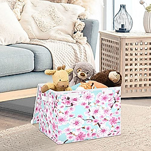 Kigai Cute Flowers Pink Storage Basket with Lid Collapsible Storage Bin Fabric Box Closet Organizer for Home Bedroom Office 1 Pack