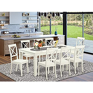 East West Furniture LGBO9-LWH-W 9 Piece Kitchen Table & Chairs Set Includes a Rectangle Table with Butterfly Leaf and 8 Dining Room Chairs, 42x84 Inch, Linen White